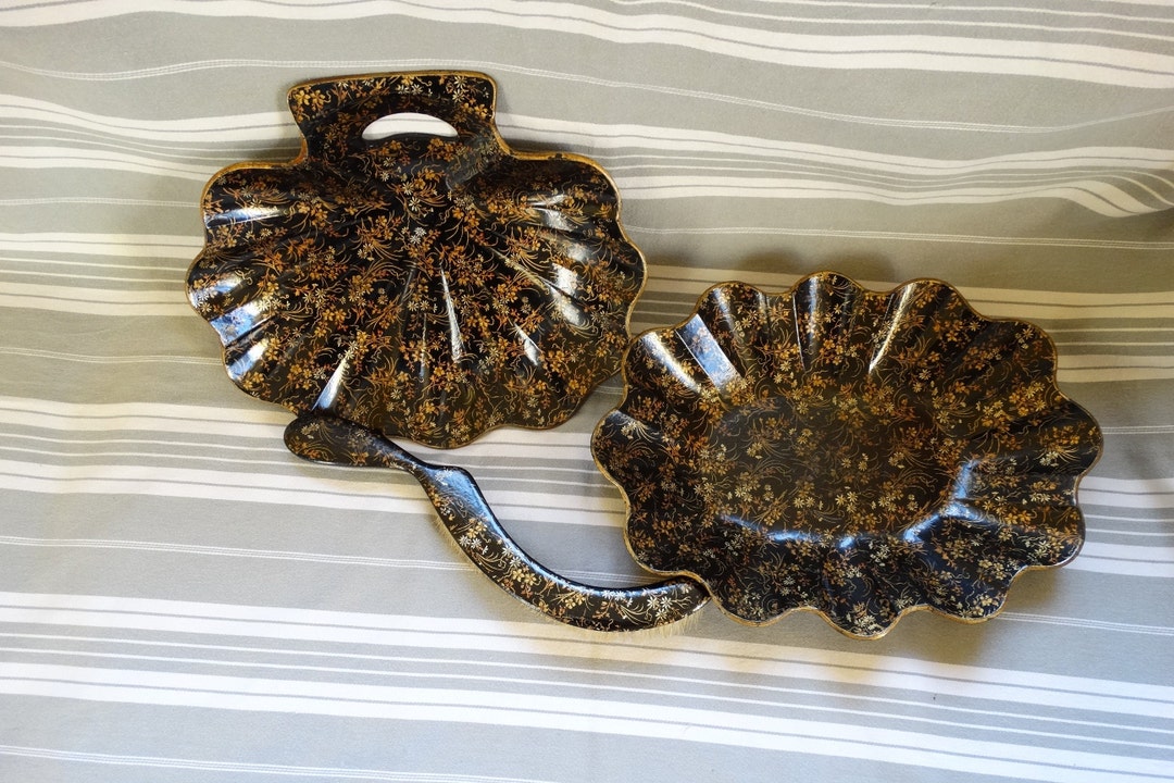 Antique Papier Maché Crumb Tray, Brush & Bread Dish/chinoiserie Black ...