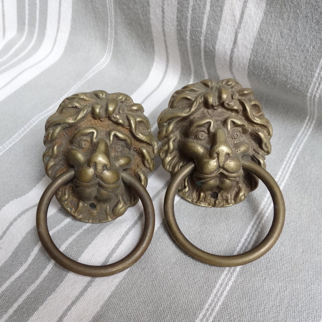 2 Lion's Head Handles/antique Brass Loop Pull Handles/2 Lion's Face Chest Handles/brass Drawer ...