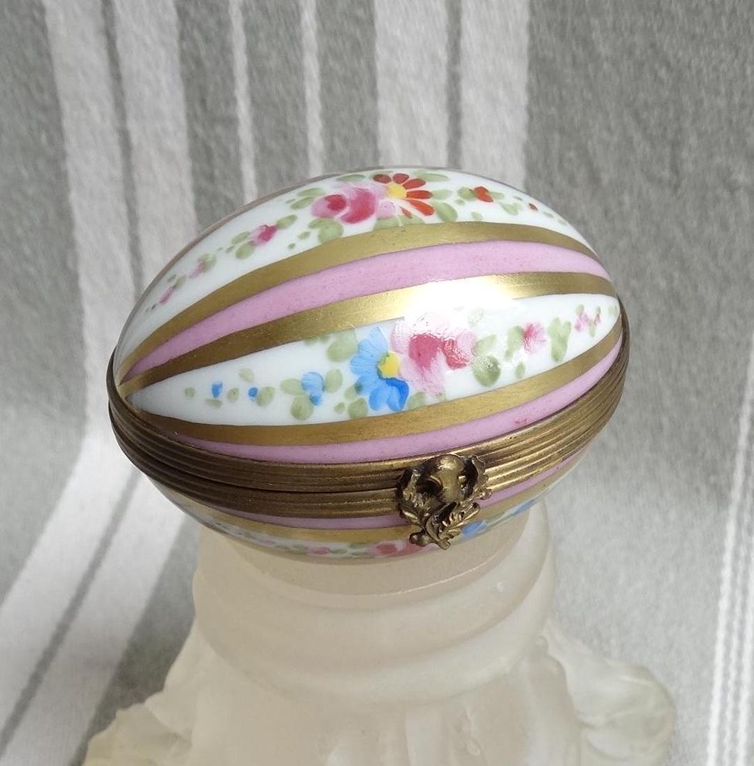 Limoges Pill Box/vintage Egg Shaped Floral Trinket Pot in Pink & Gold ...