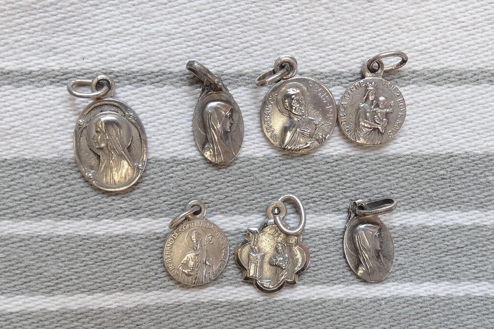7 Tiny Religious Medallions/white Metal Religious Souvenir Charms ...