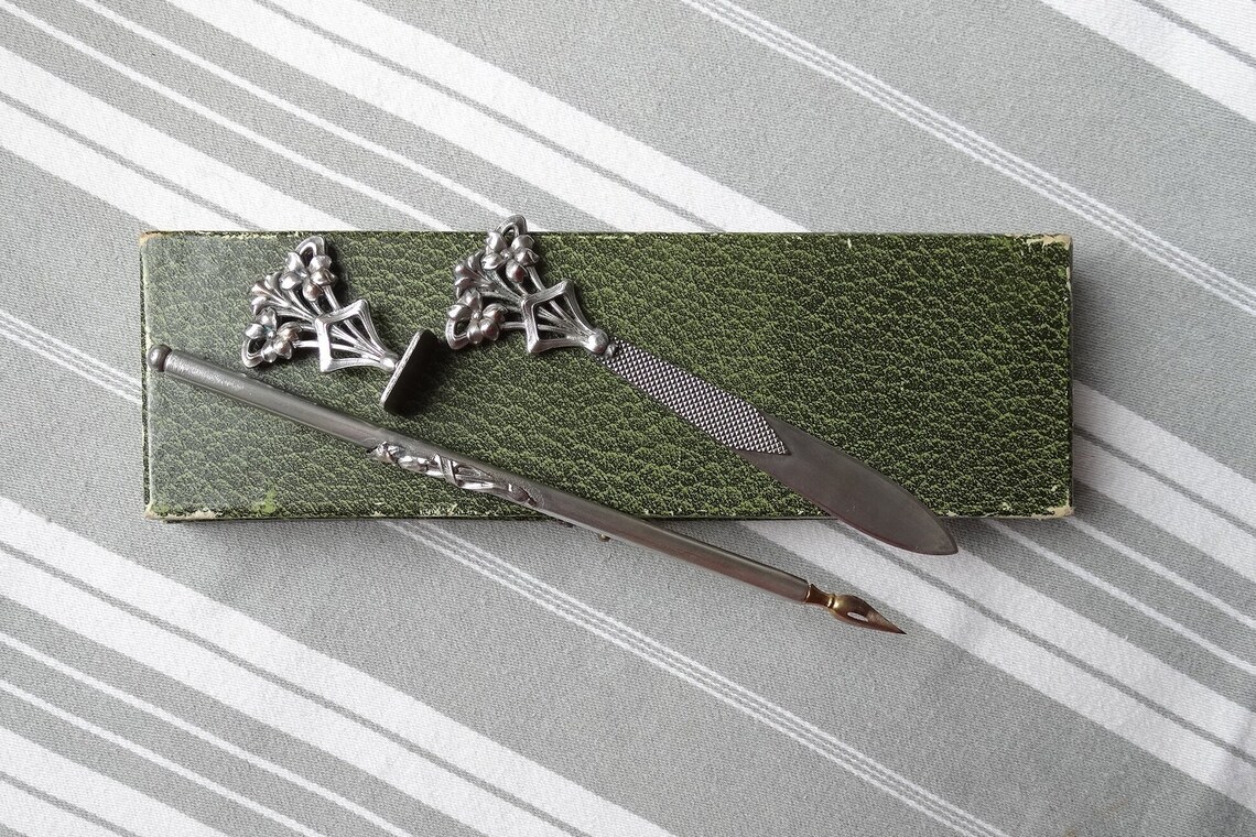 Art Nouveau Writing Set/silver Plated Pen Set/necessaire D'ecriture ...