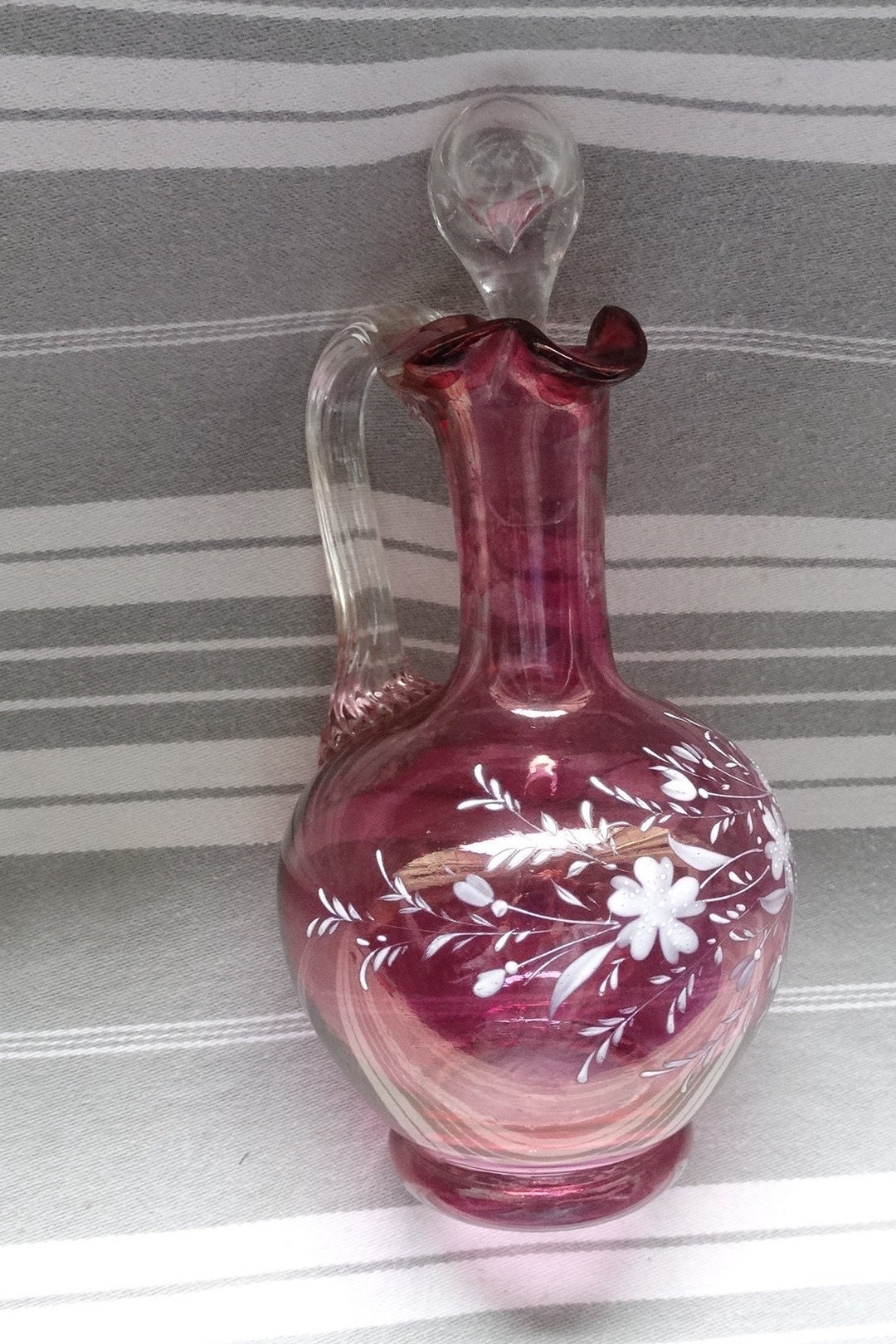 Cranberry Glass Decanter/antique Cranberry Decanter With Enameled White ...