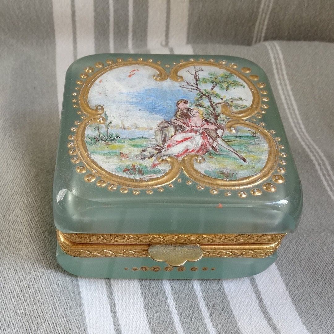 Antique Opaline Trinket Box/c19th Sea Blue/green Opaline Glass Box With ...
