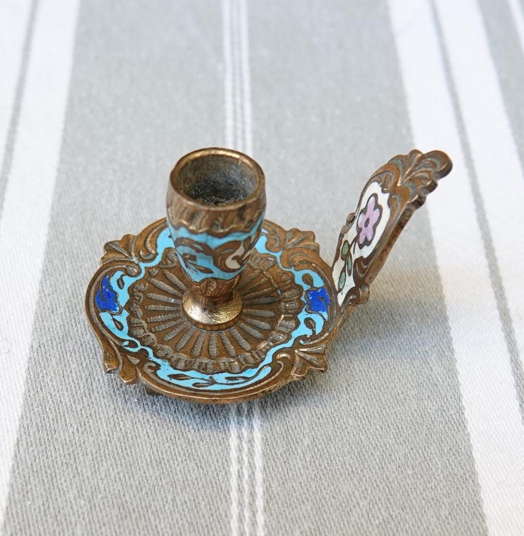Antique Mini Candle Holder/brass & Enamel Champleve Candlestick Holder ...