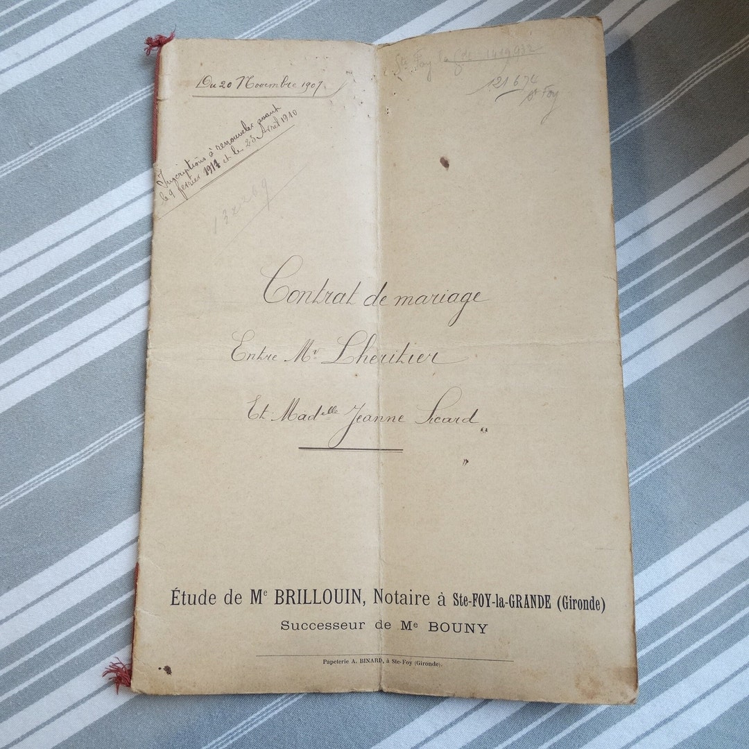 Antique Marriage Contract in French/1907 Contrat De Mariage/edwardian ...