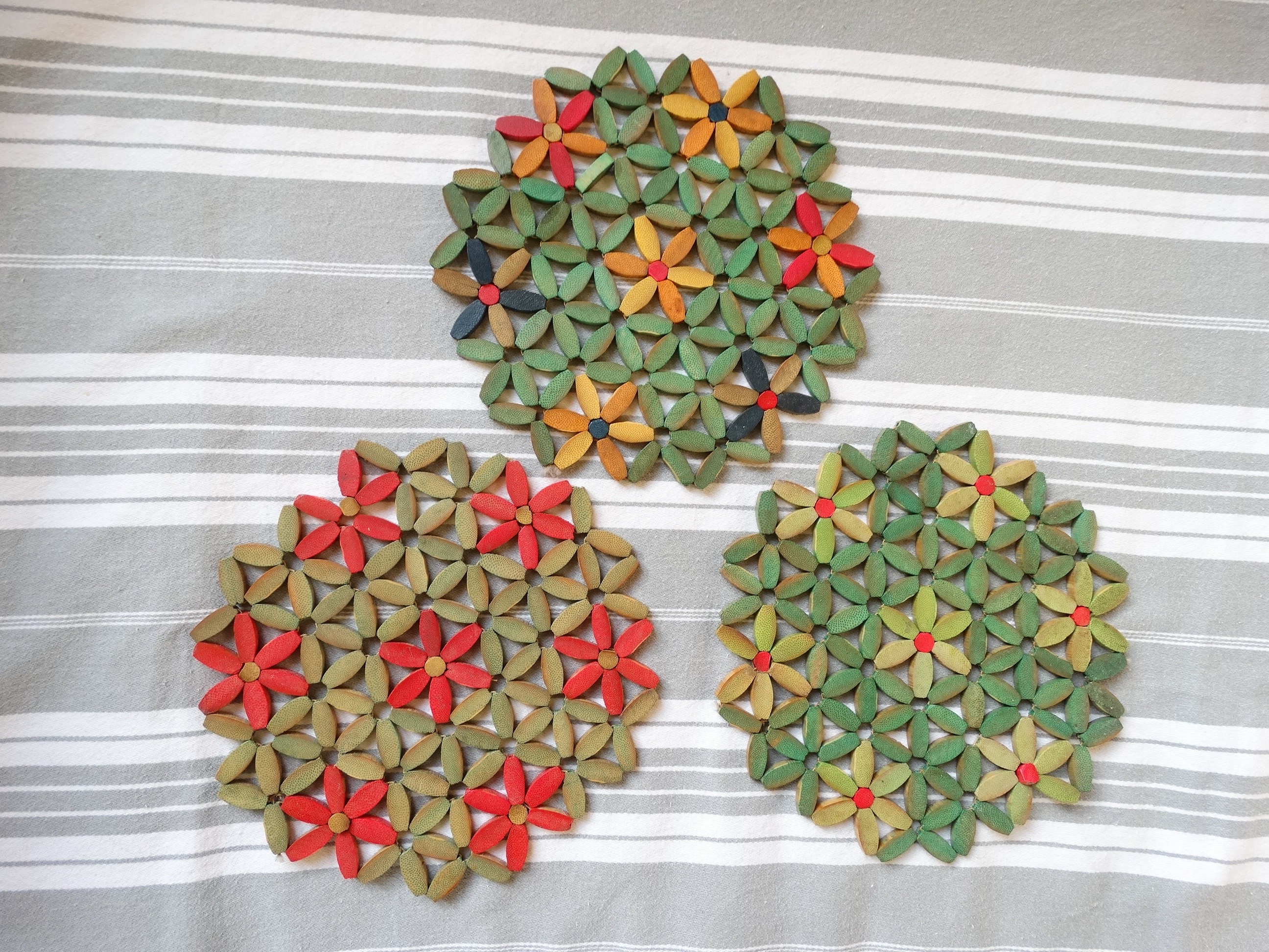 3 Wooden Bead Table Mats/trivets/vintage Pan Stands/mid Century Place ...