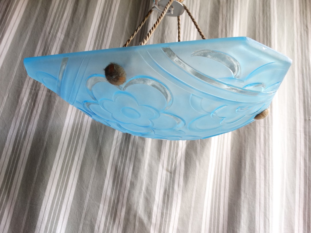 Signed Degué Blue Glass Shade/vintage Square Glass Ceiling Shade/art ...