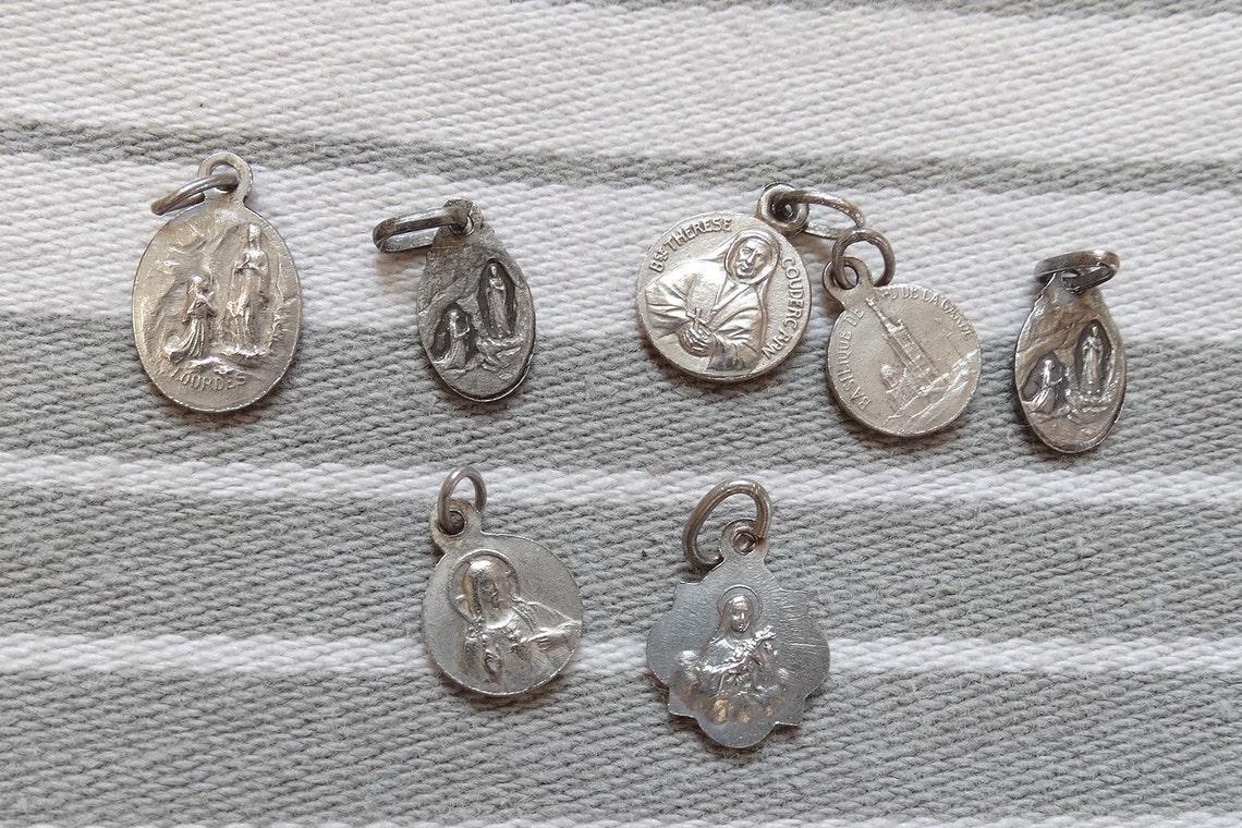 7 Tiny Religious Medallions/white Metal Religious Souvenir Charms ...