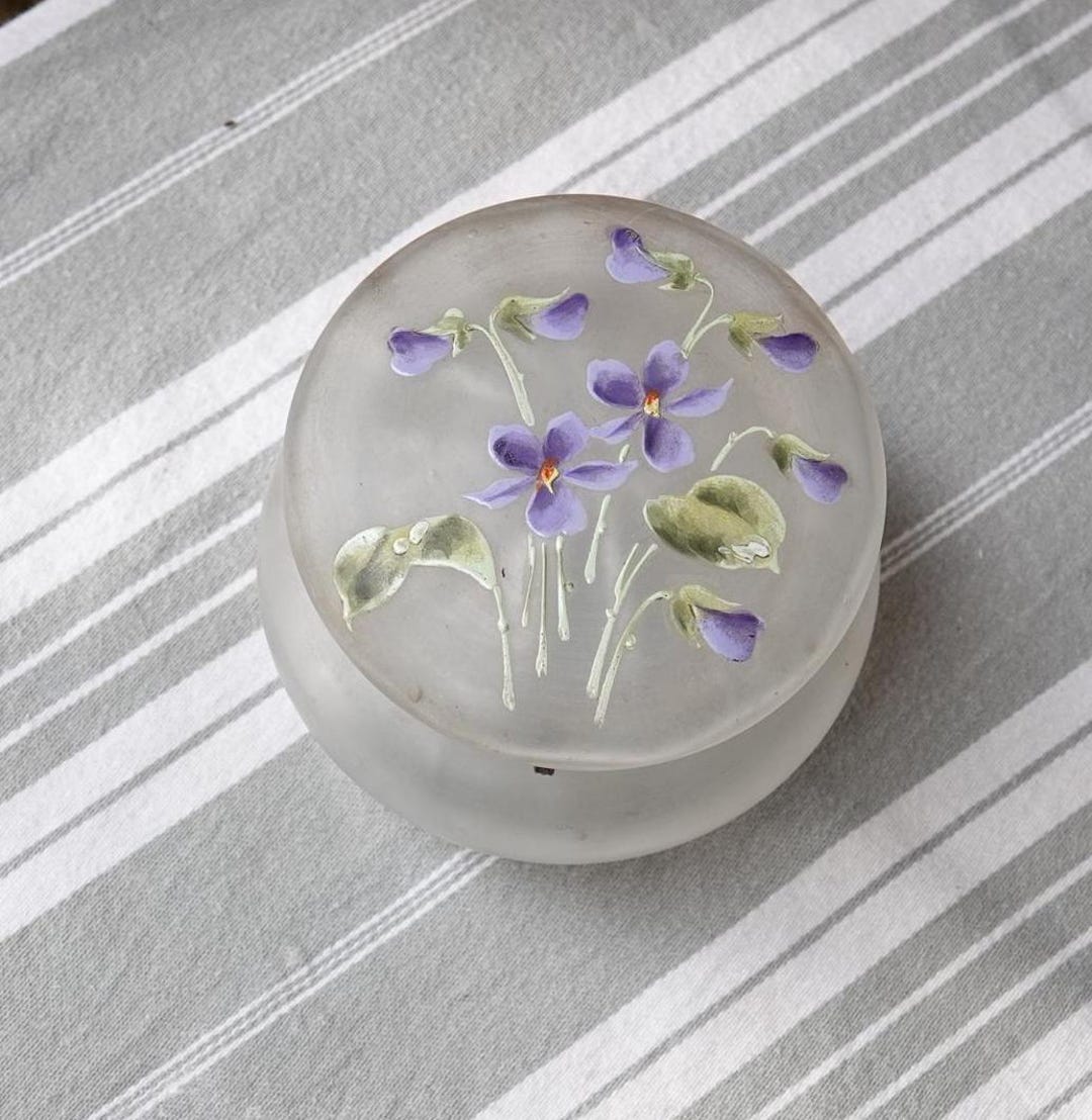 Antique Glass Powder Pot/hand Enameled Purple Violets Design/dressing ...