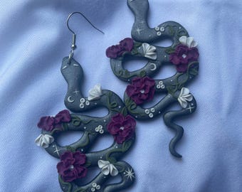 Handmade Coiled Black Snake and Gold Foil Polymer Clay Dangle Earrings ...
