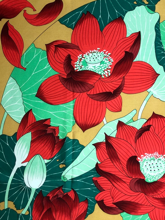 Vintage Hermes Silk Scarf, Red Lotus Flowers, Rare He… - Gem