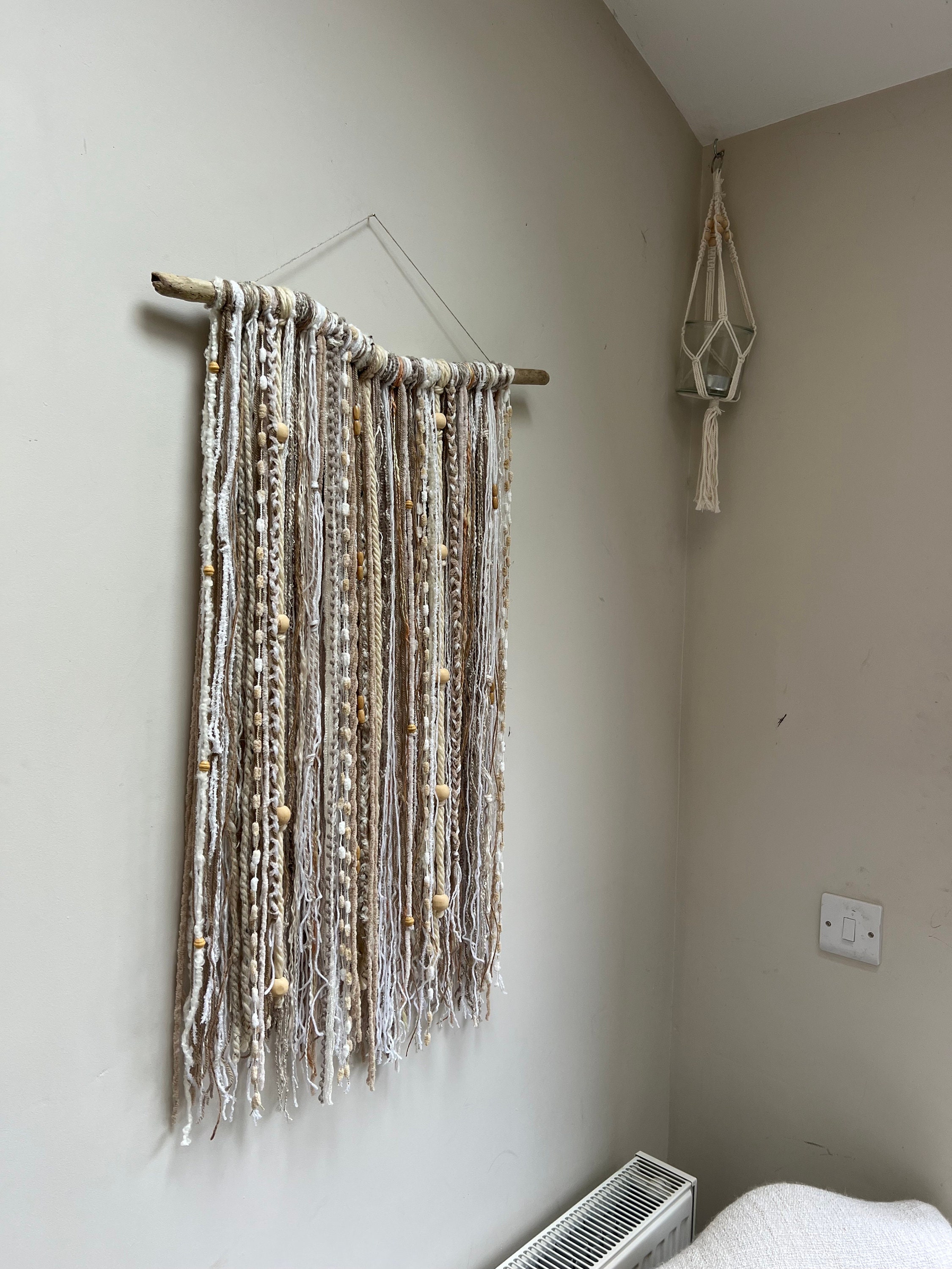 Neutral Beige & Brown Beaded Wall Hanging, Yarn, Wool, Boho, Home Decor ...