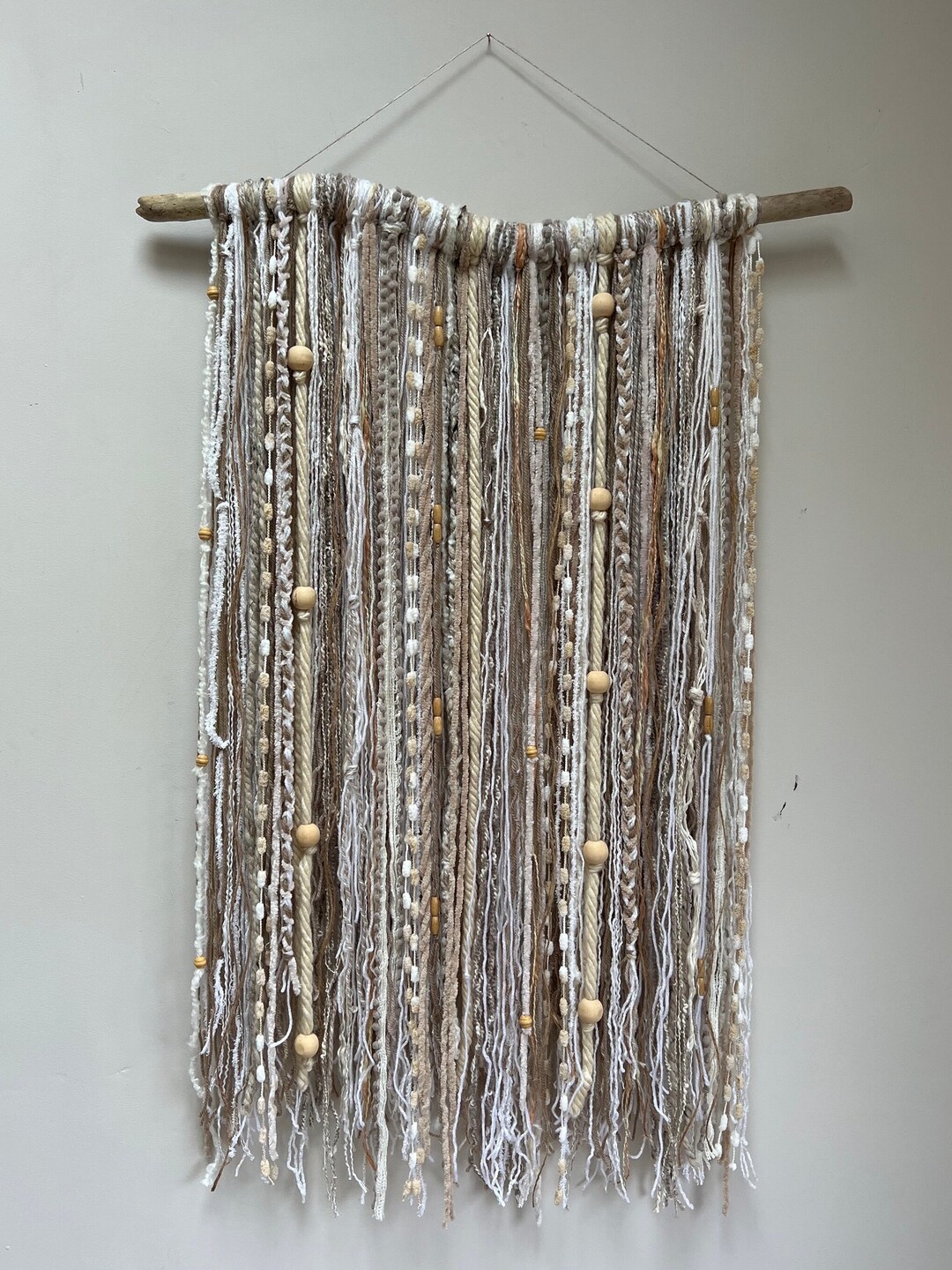 Neutral Beige & Brown Beaded Wall Hanging, Yarn, Wool, Boho, Home Decor ...