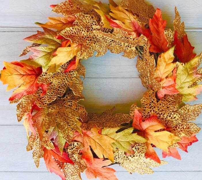 Glittery Traditional Fall Leaf Front Door Wreath, Glam Thanksgiving ...