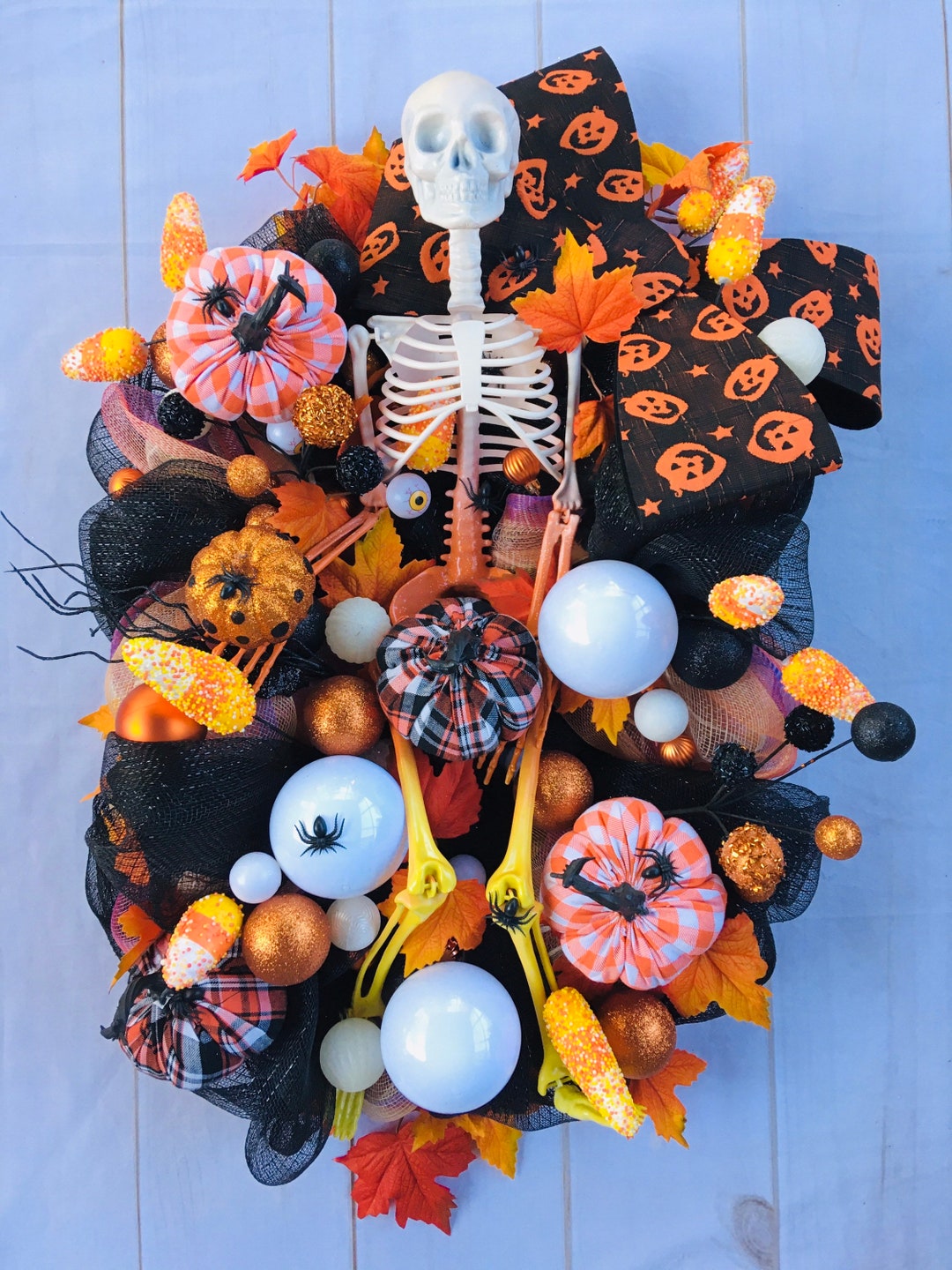 Candy Corn Skeleton Halloween Front Door Swag, Kid Boo Party Skelly ...