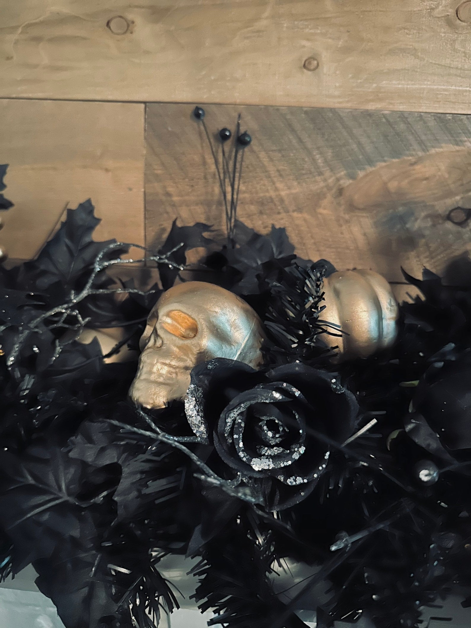 Gothic Black Peony and Gold Pumpkin Halloween Garland With Lights, Goth ...