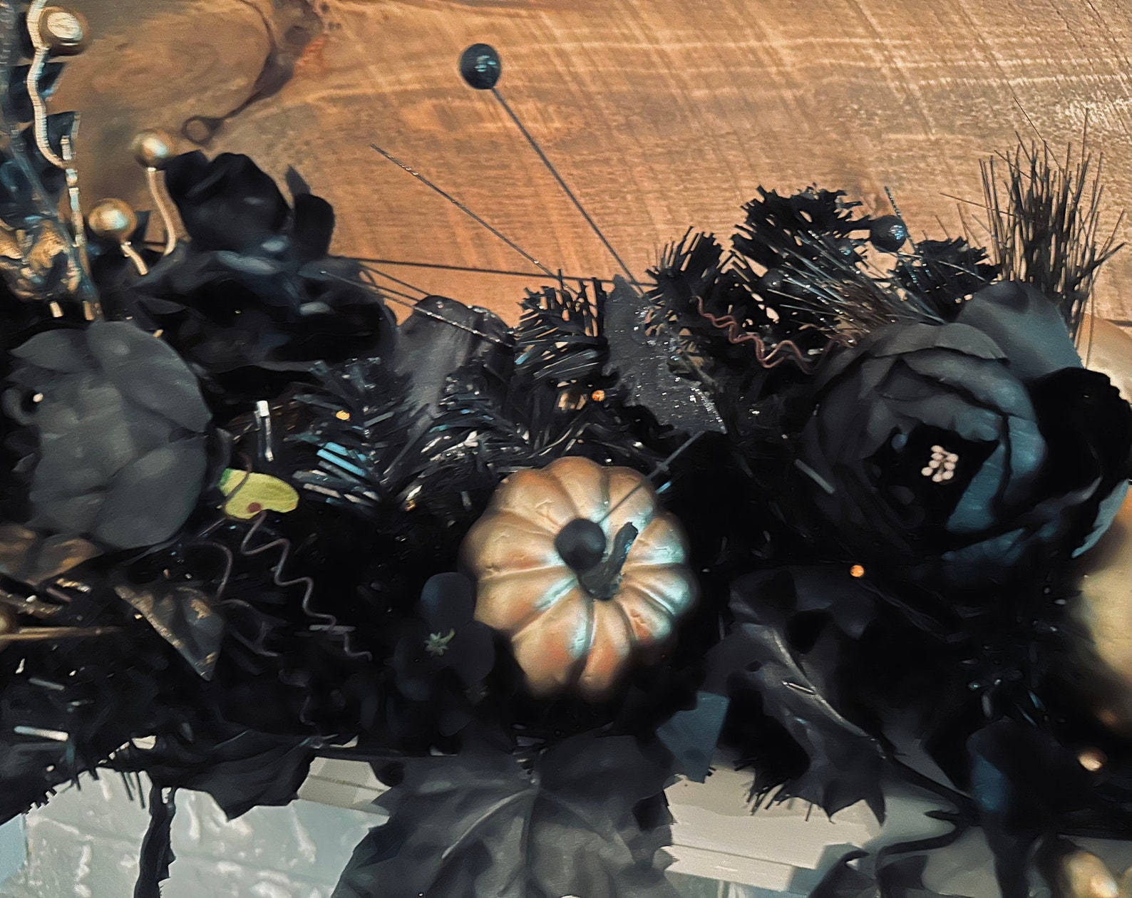 Gothic Black Peony and Gold Pumpkin Halloween Garland With Lights, Goth ...