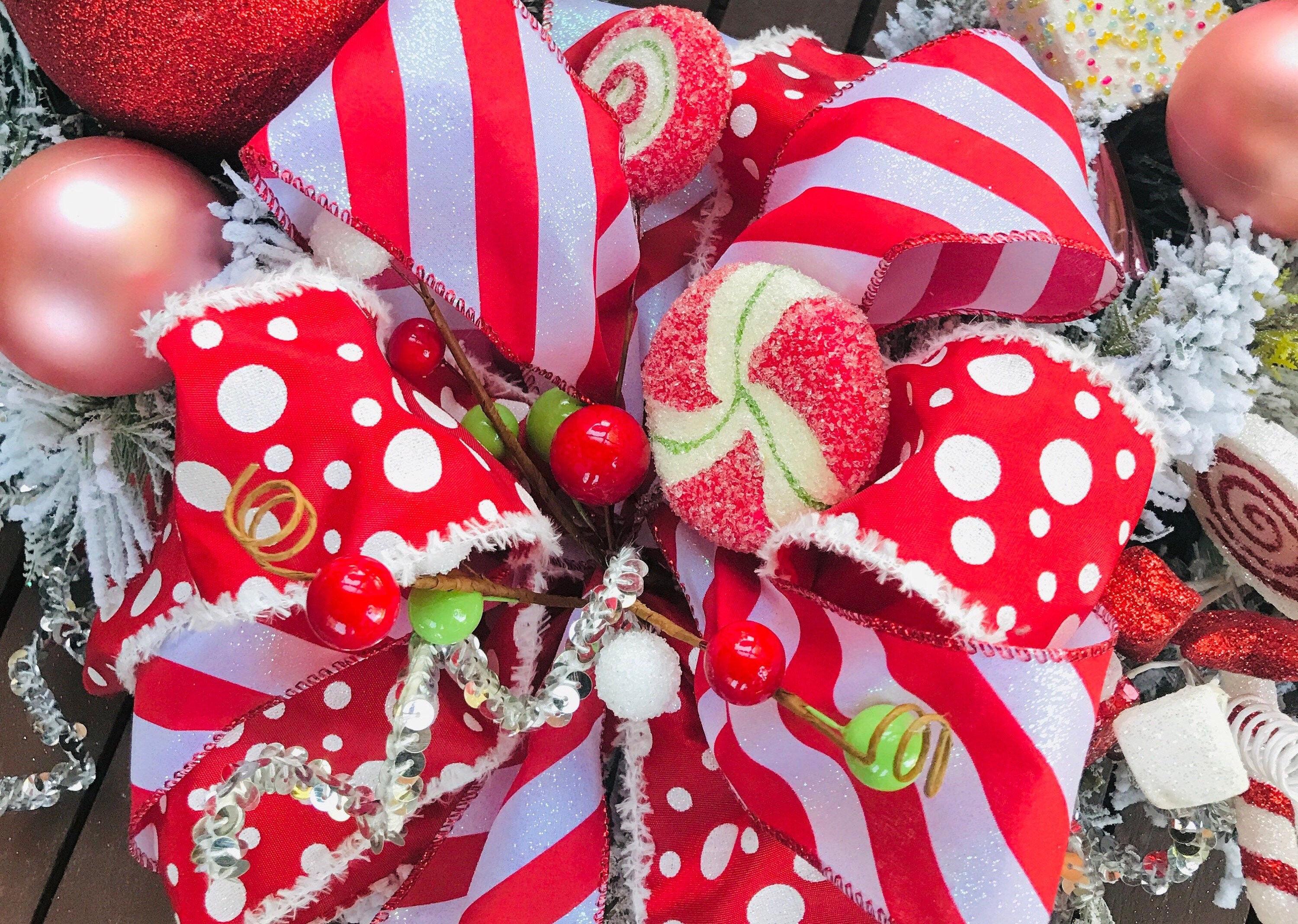 Pre Lit Pink Peppermint Candy Christmas Flocked Front Door Wreath ...