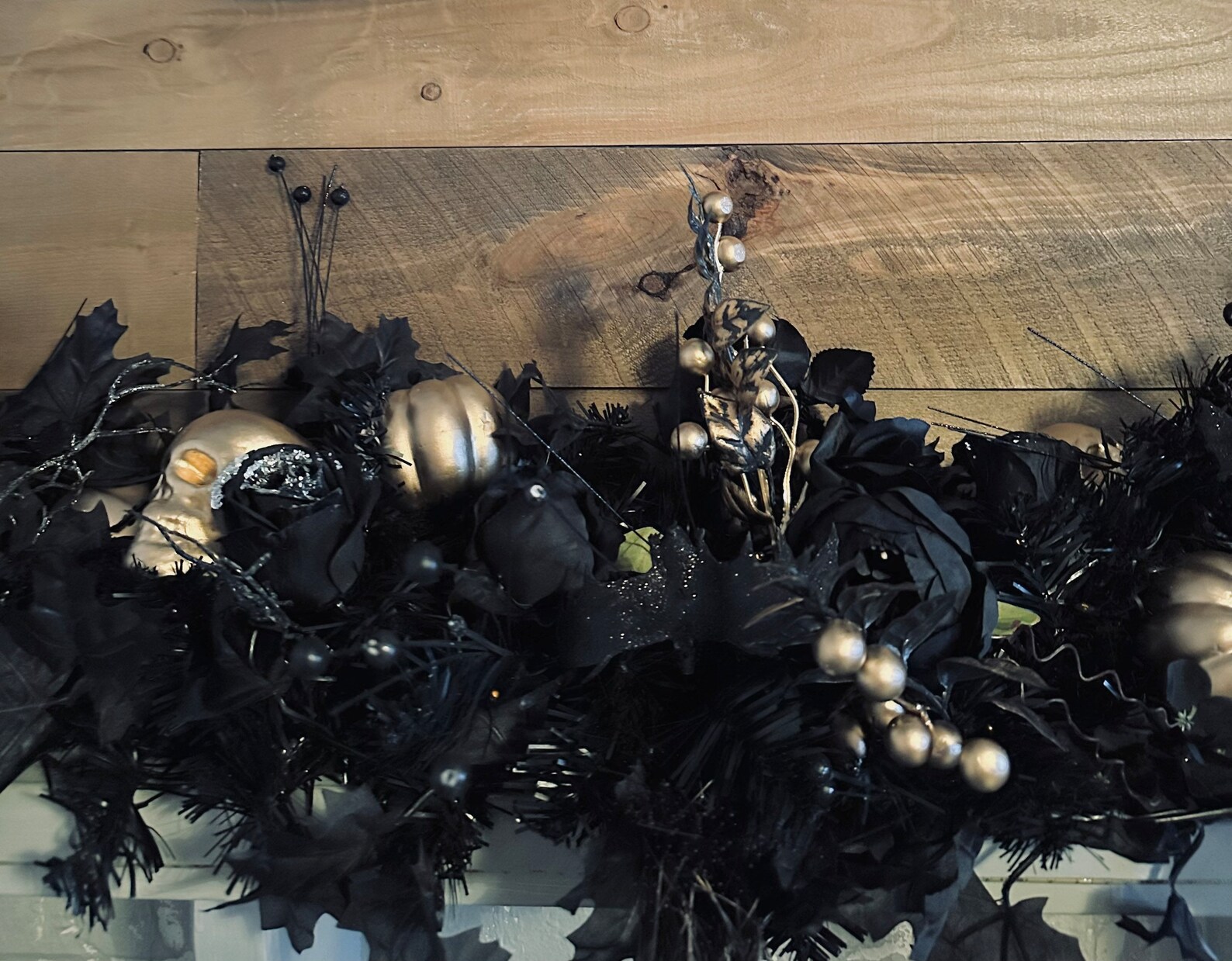Gothic Black Peony and Gold Pumpkin Halloween Garland With Lights, Goth ...