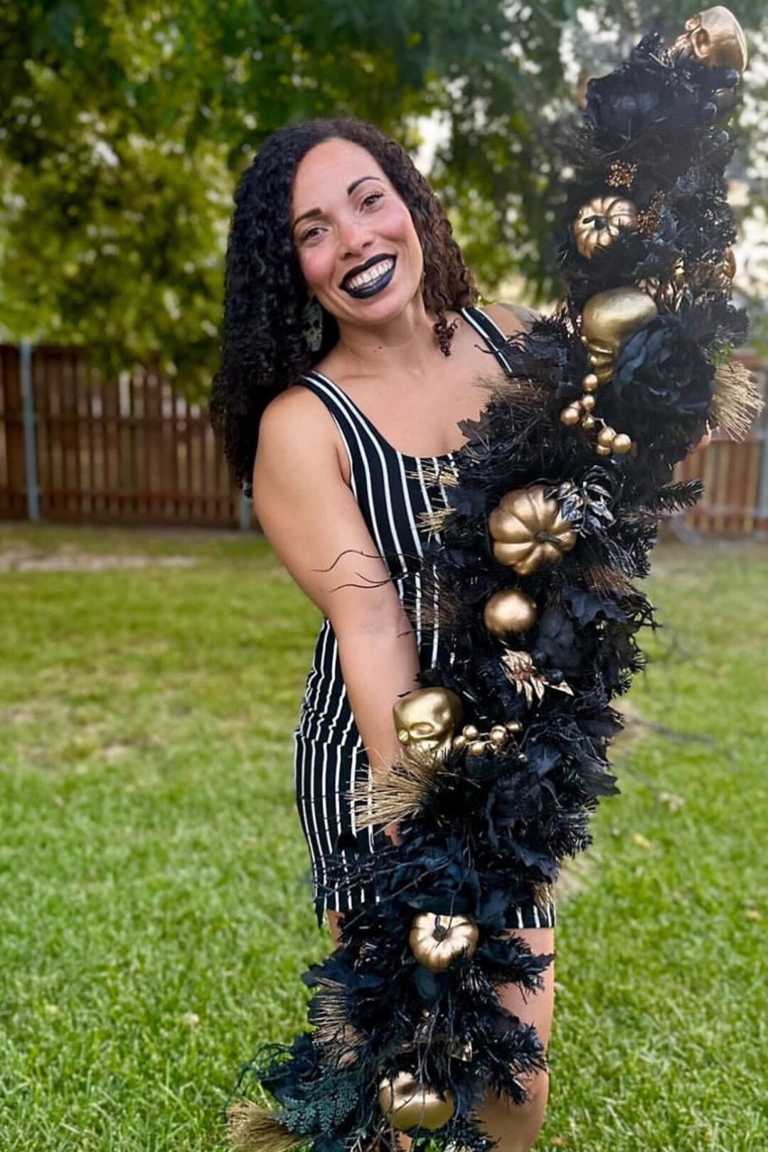 Gothic Black Peony and Gold Pumpkin Halloween Garland With Lights, Goth ...
