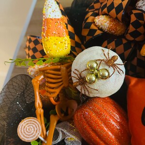 Pre Lit Monster & Skeleton Candy Corn Mesh Halloween Front Door Wreath ...