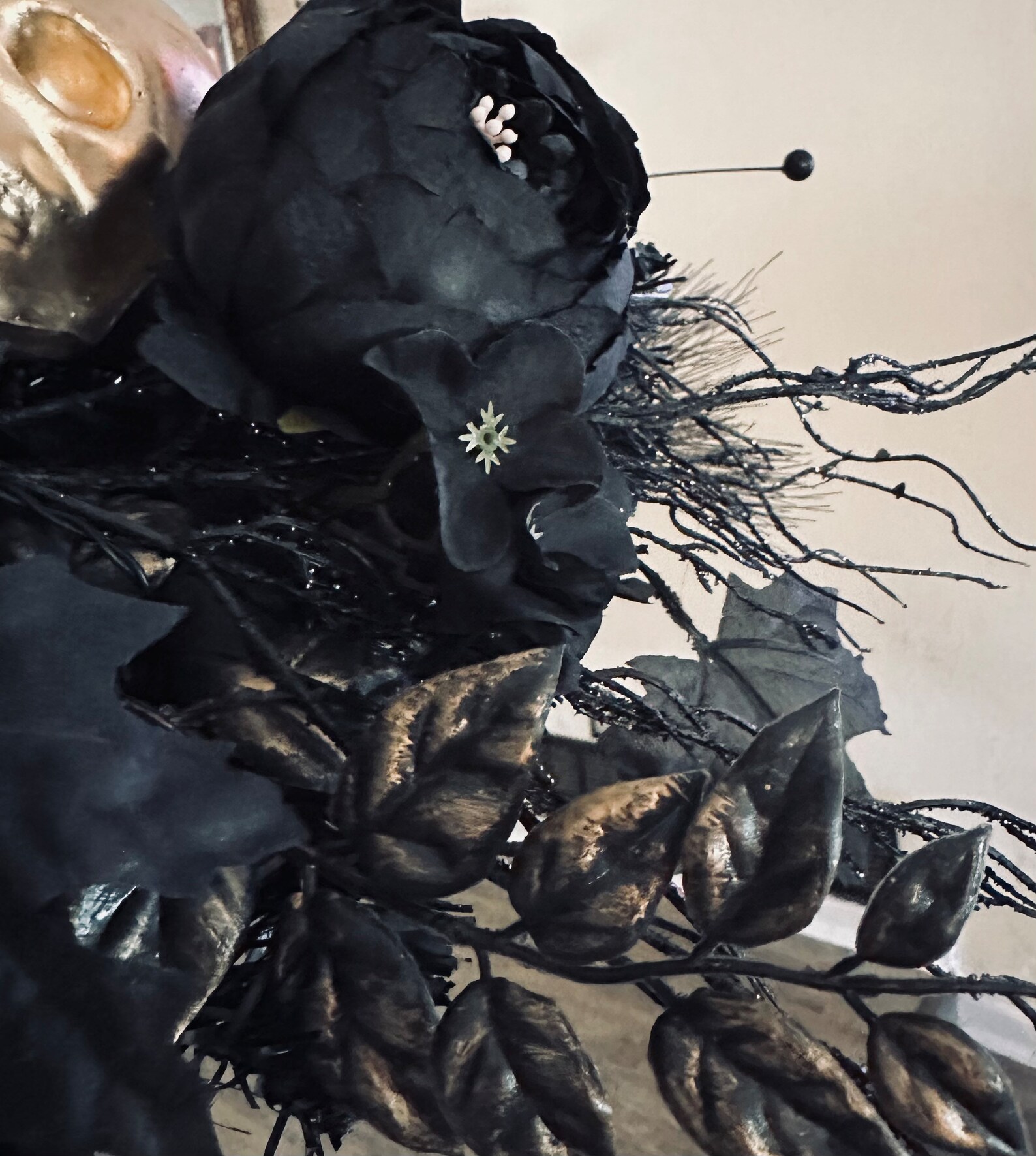 Gothic Black Peony and Gold Pumpkin Halloween Garland With Lights, Goth ...