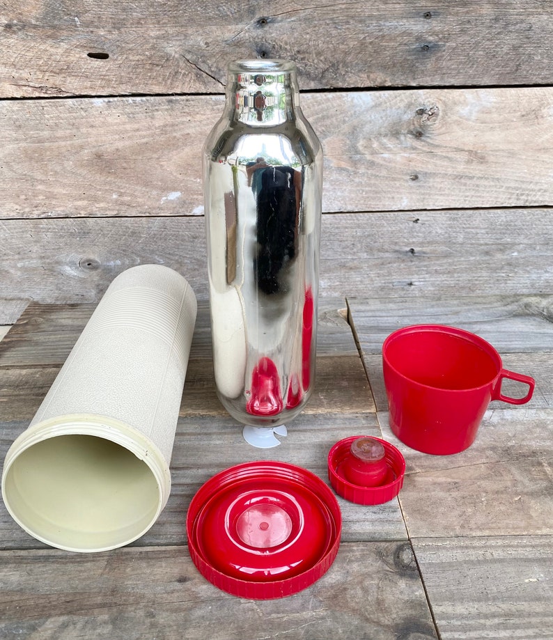 Red and Beige THERMOS , Vintage Insulated Thermos, Quart Size Thermos ...