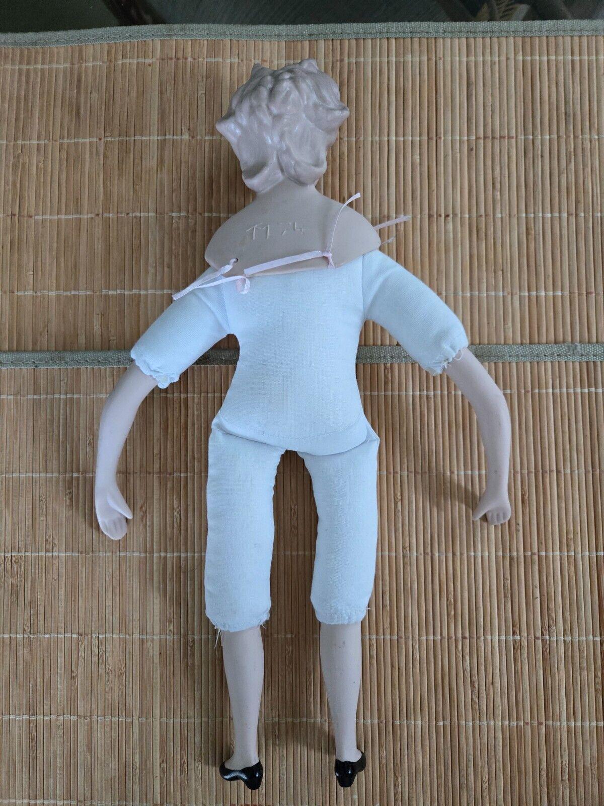 Vintage Porcelain Bisque Head Arms Legs Feet Cloth Body Doll 16 Blue ...