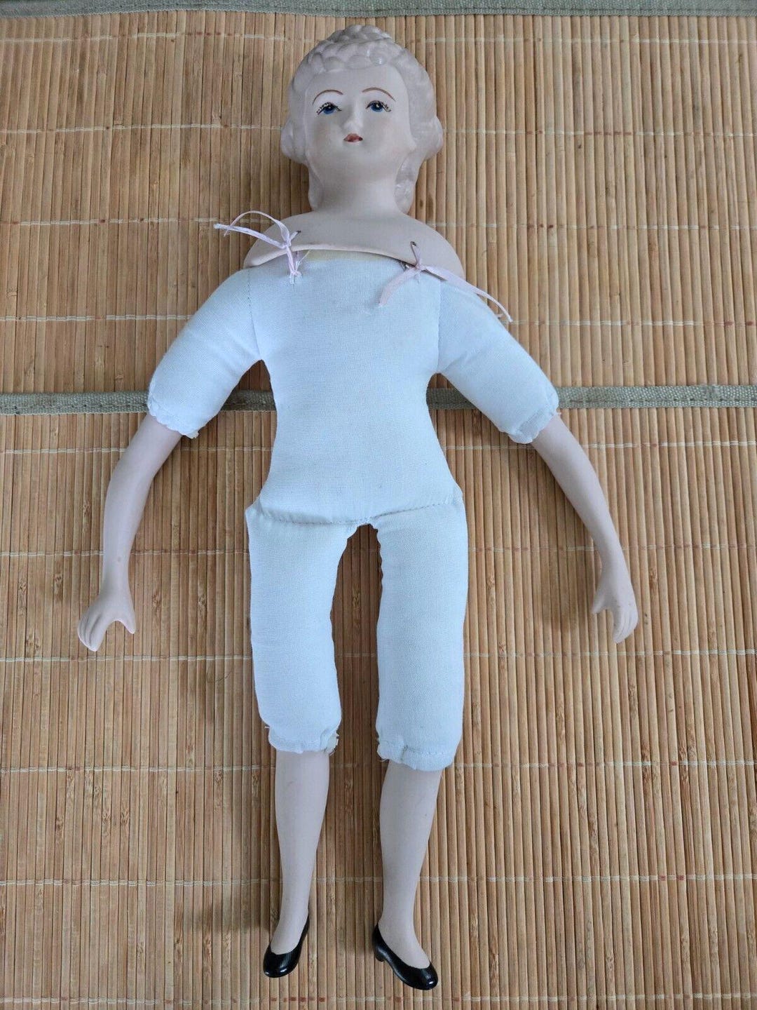 Vintage Porcelain Bisque Head Arms Legs Feet Cloth Body Doll 16" Blue ...