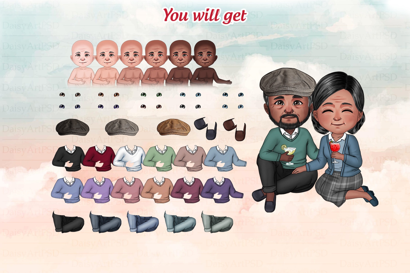 Elderly Couple Autumn Chibi Clipart Grandpa and Grandma - Etsy