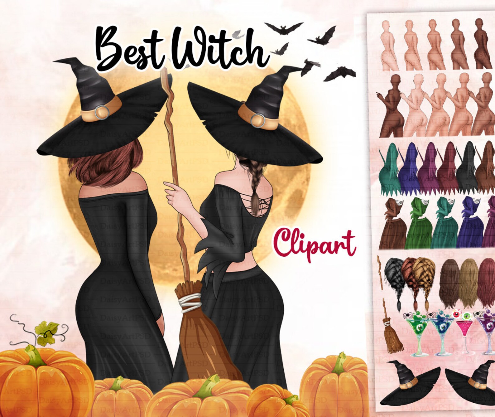 Halloween witches Best friend clipart. Girl holding a broom. | Etsy