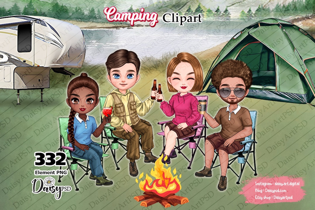 Happy Camping Clipart: Friends & Couple, Outdoor Adventure (digital ...