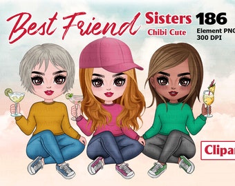 Best Friends Chibi Cute Clipart Besties Clipart Cocktails | Etsy