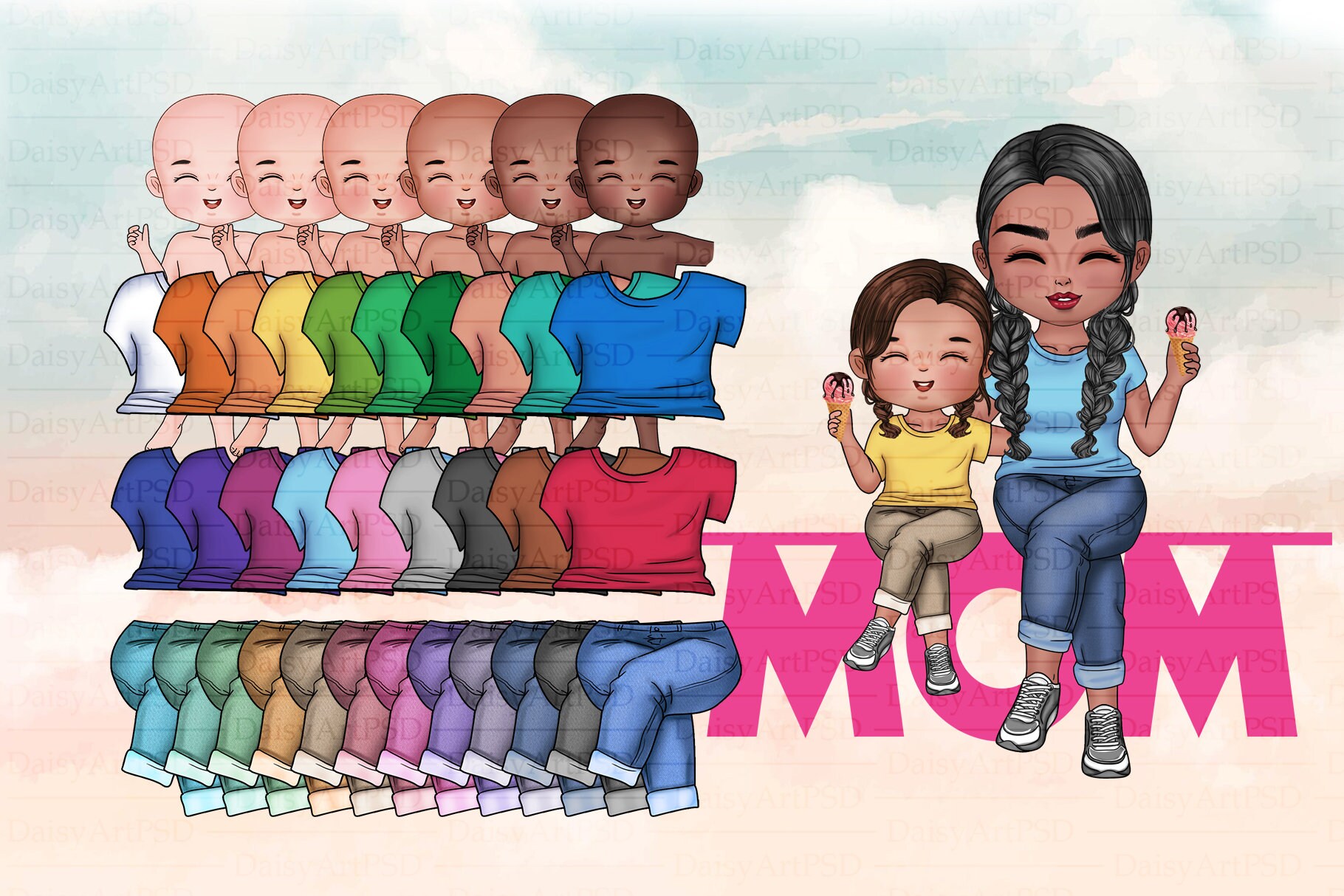 Mother and Daughter Chibi Clipart Mother and Little - Etsy