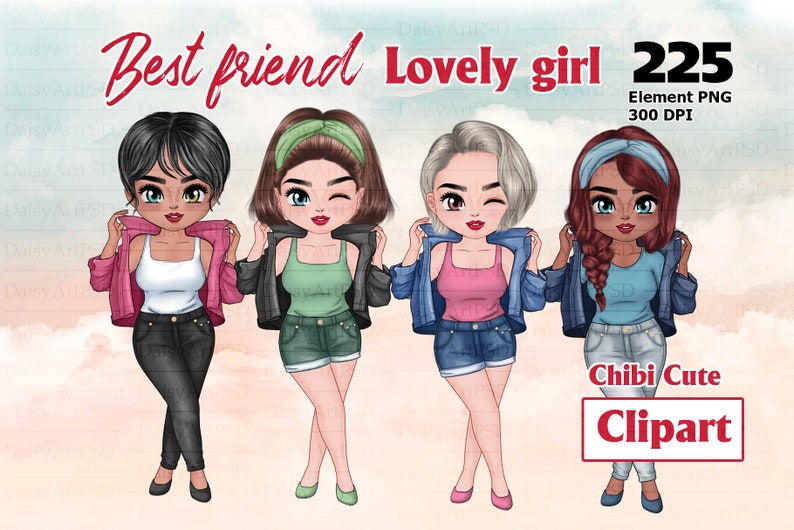 Lovely Girl Chibi Cute Clipart Best Friends Fashion - Etsy