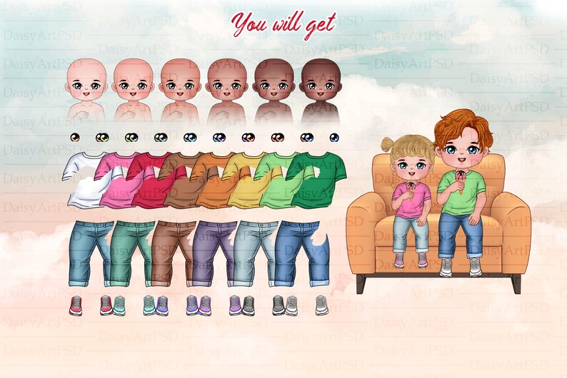 Father and Children Chibi Clipart Father and Son and - Etsy