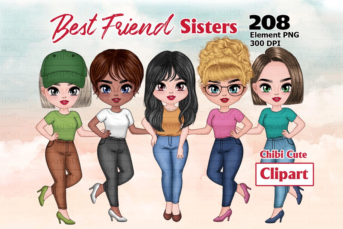 Best Friends Chibi Cute Clipart Soul Sisters Funny Sisters - Etsy
