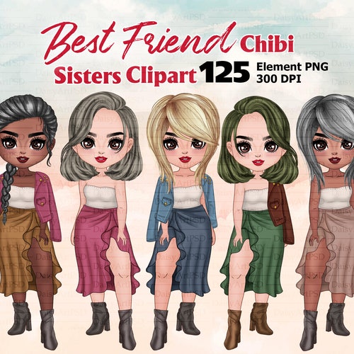 Best Friends Sitting Chibi Cute Clipart Sisters Coffee - Etsy