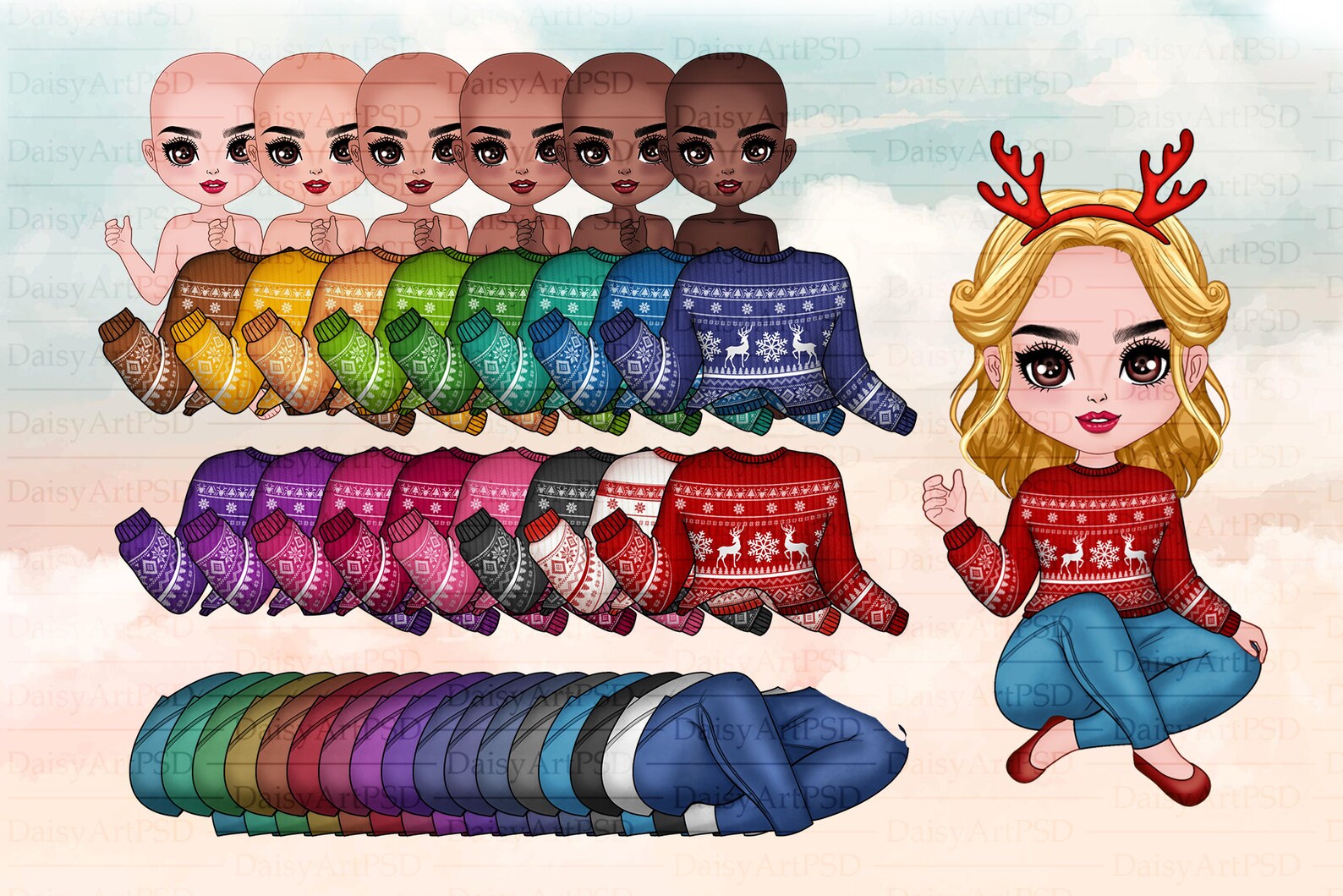 Christmas Best Friends Sitting Chibi Cute Clipart Besties - Etsy