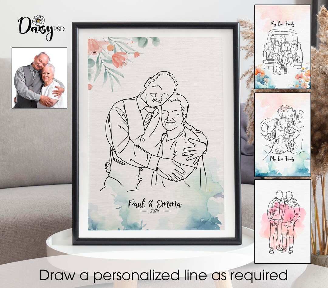 Custom Faceless Digital Outline Portrait for 2, One Line Drawing ...