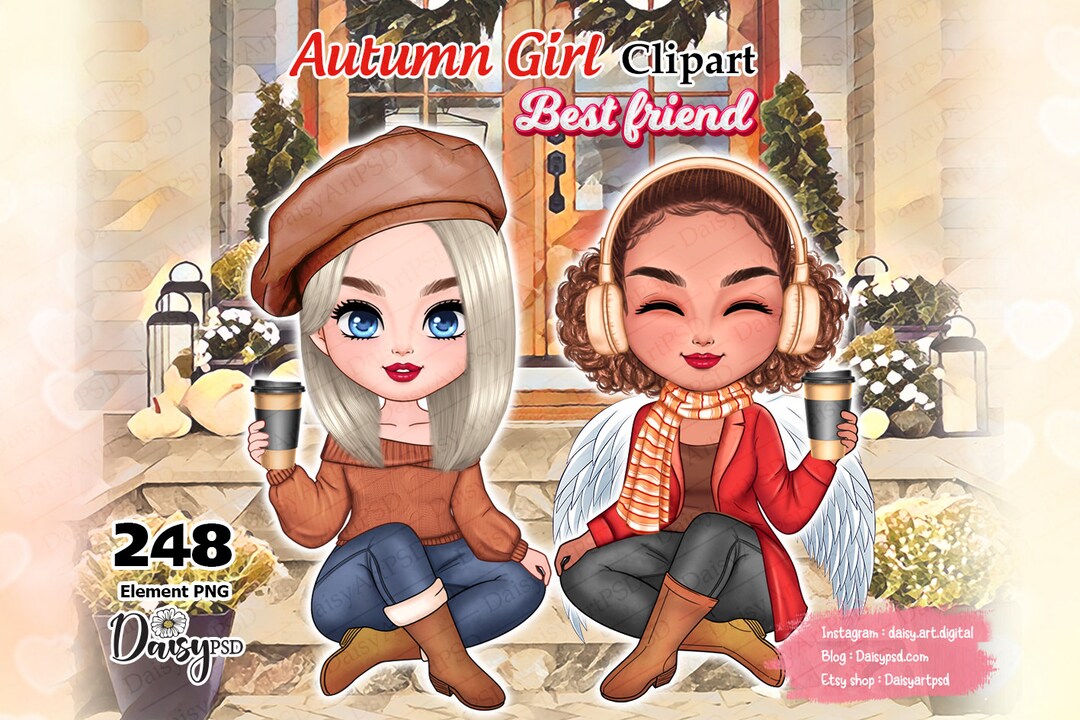 Autumn Girl Collection Chibi Clipart, Fall Best Friends Clipart ...