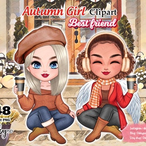 Autumn Girl Collection Chibi Clipart, Fall Best Friends Clipart ...
