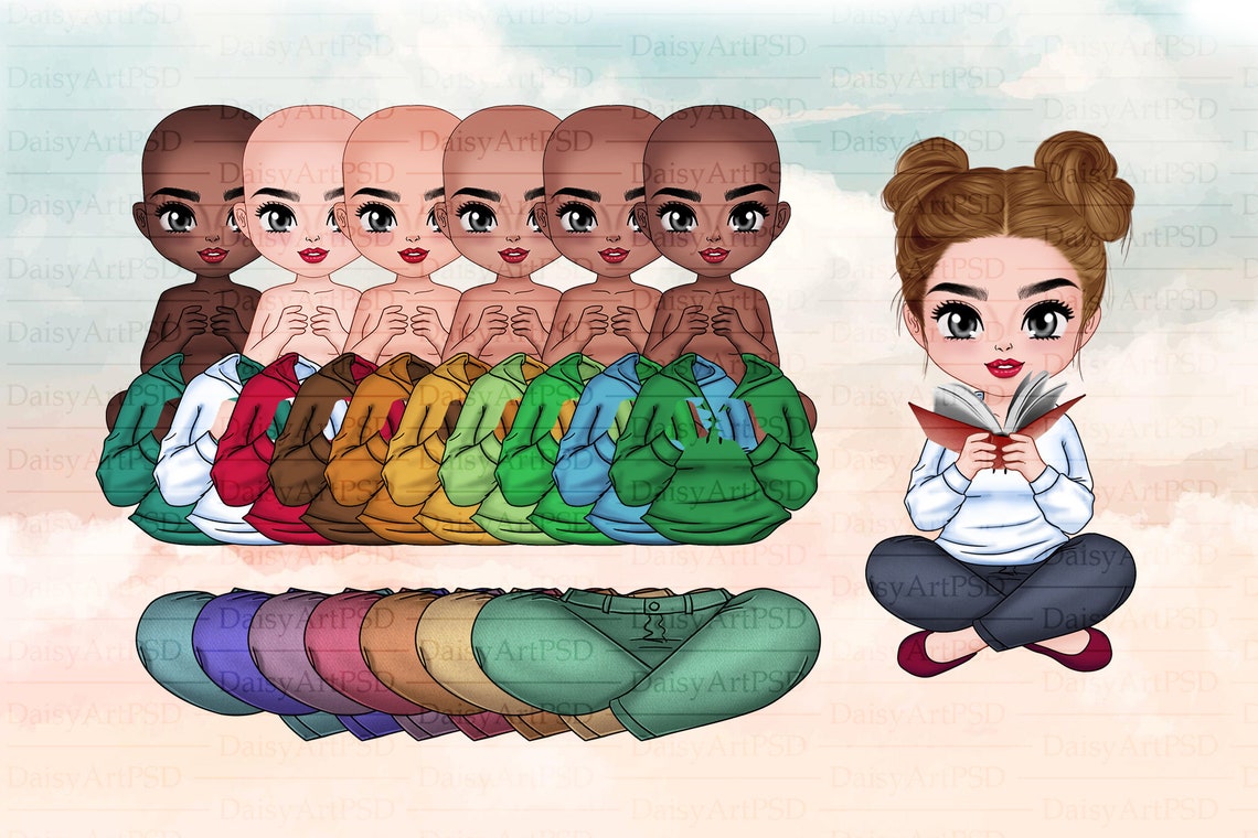 Reading Girl and Cat Chibi Clipart Book Lover Clipart - Etsy