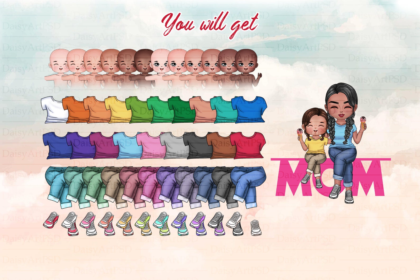 Mother and Daughter Chibi Clipart Mother and Little - Etsy