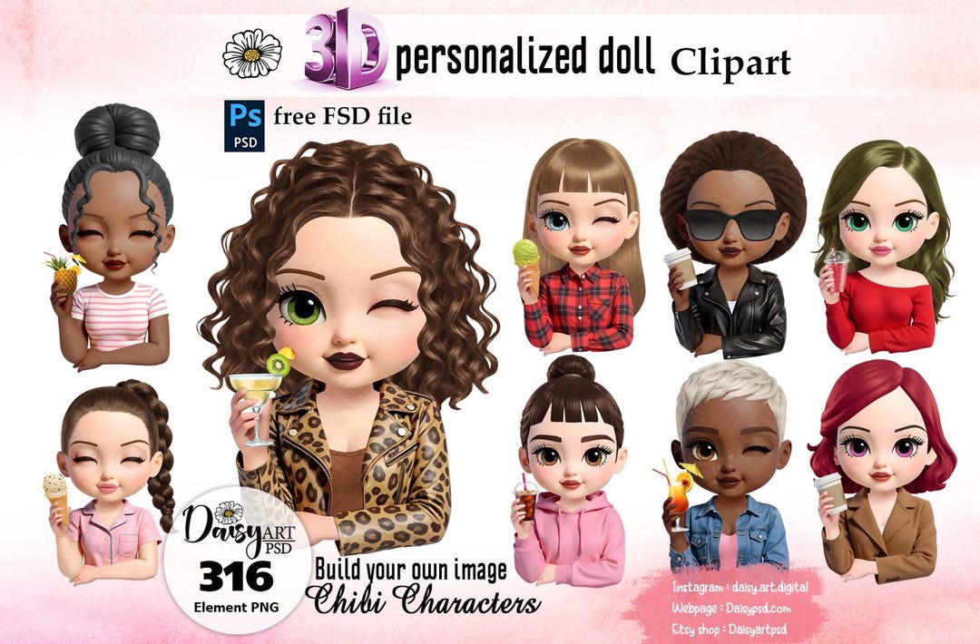 Personalized 3D Doll Clipart Set: Custom Character Creator (digital ...