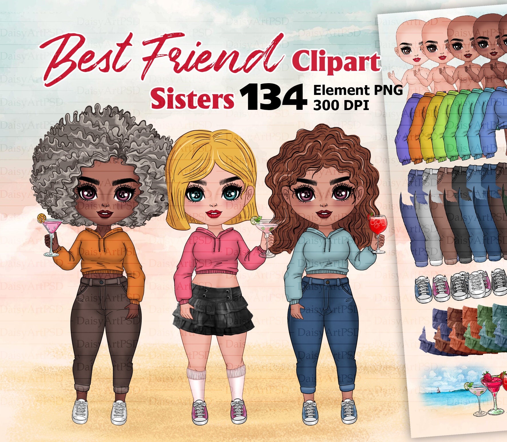 Best Friends Chibi Cute Clipart Besties Clipart Cocktails | Etsy