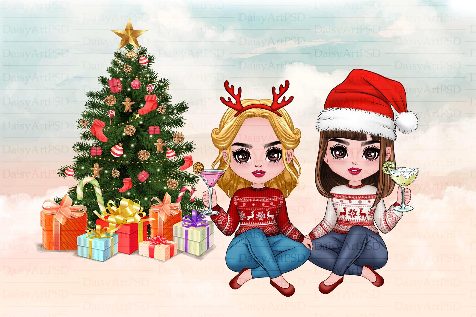 Christmas Best Friends Sitting Chibi Cute Clipart Besties - Etsy