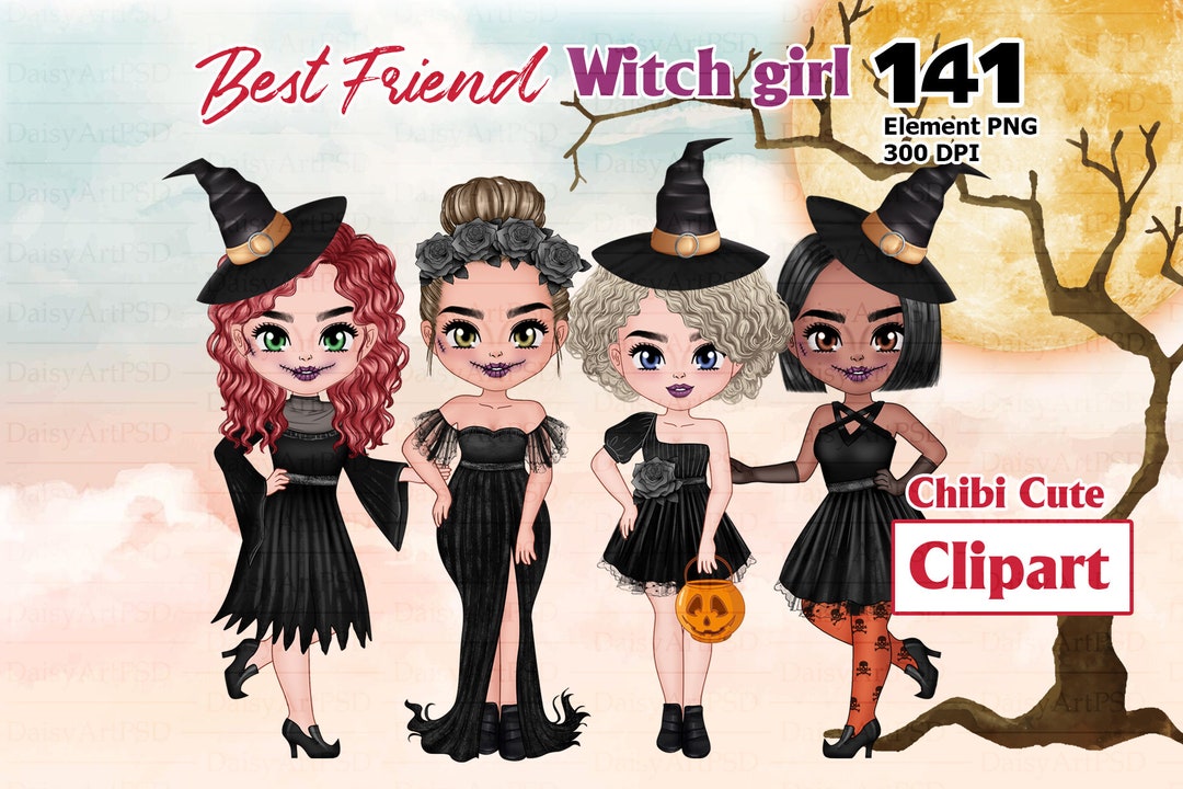 Best Friend Halloween Chibi Clipart, Witch Sisters, Cute Witches ...
