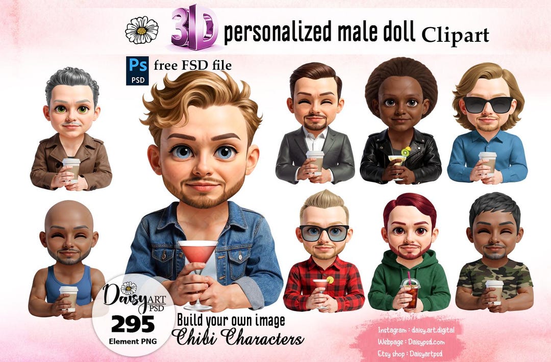 Personalized 3D Men Clipart Set: Custom Doll Character Creator (digital ...