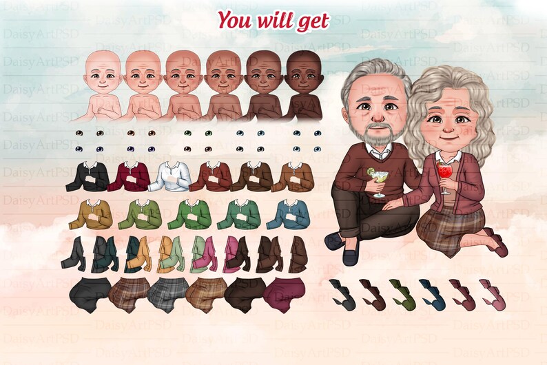 Elderly Couple Autumn Chibi Clipart Grandpa and Grandma - Etsy